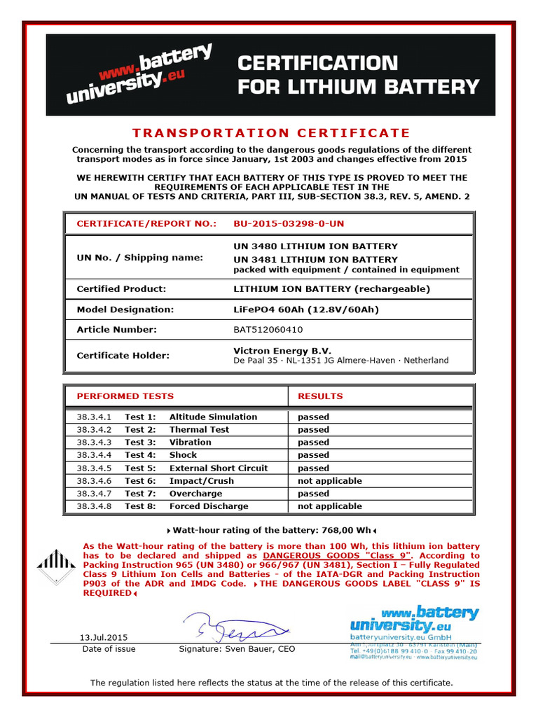 Lithium Ion Battery Transport Certificate | PDF