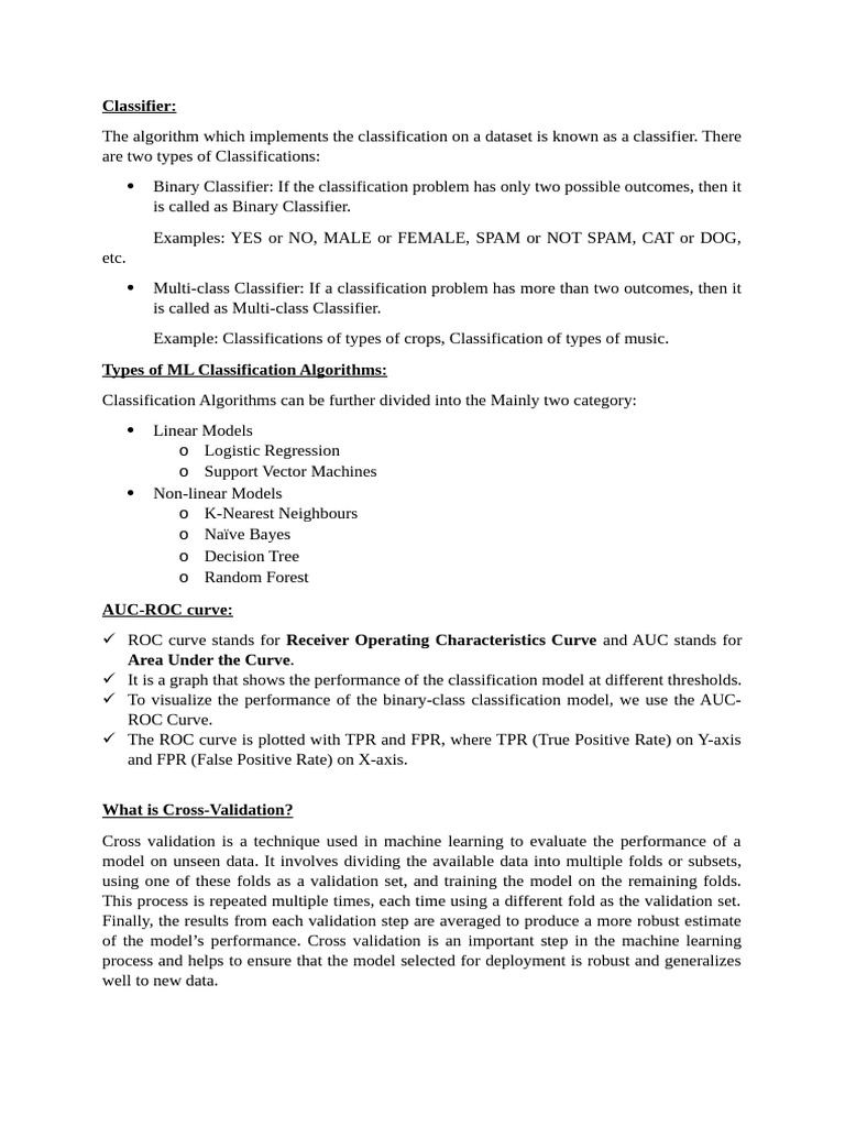 Notes On Ml Basics Classifier Types Of Classification Algorithms Auc Roc Curve Cross