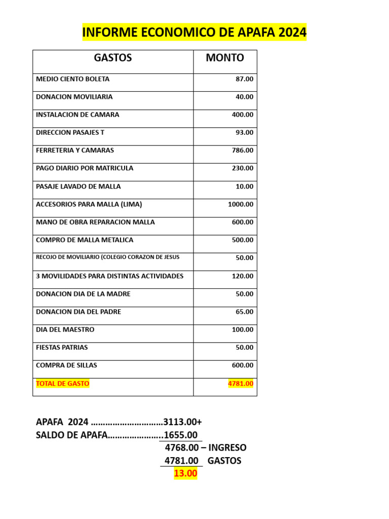 Informe Economico de Apafa 2024 | PDF