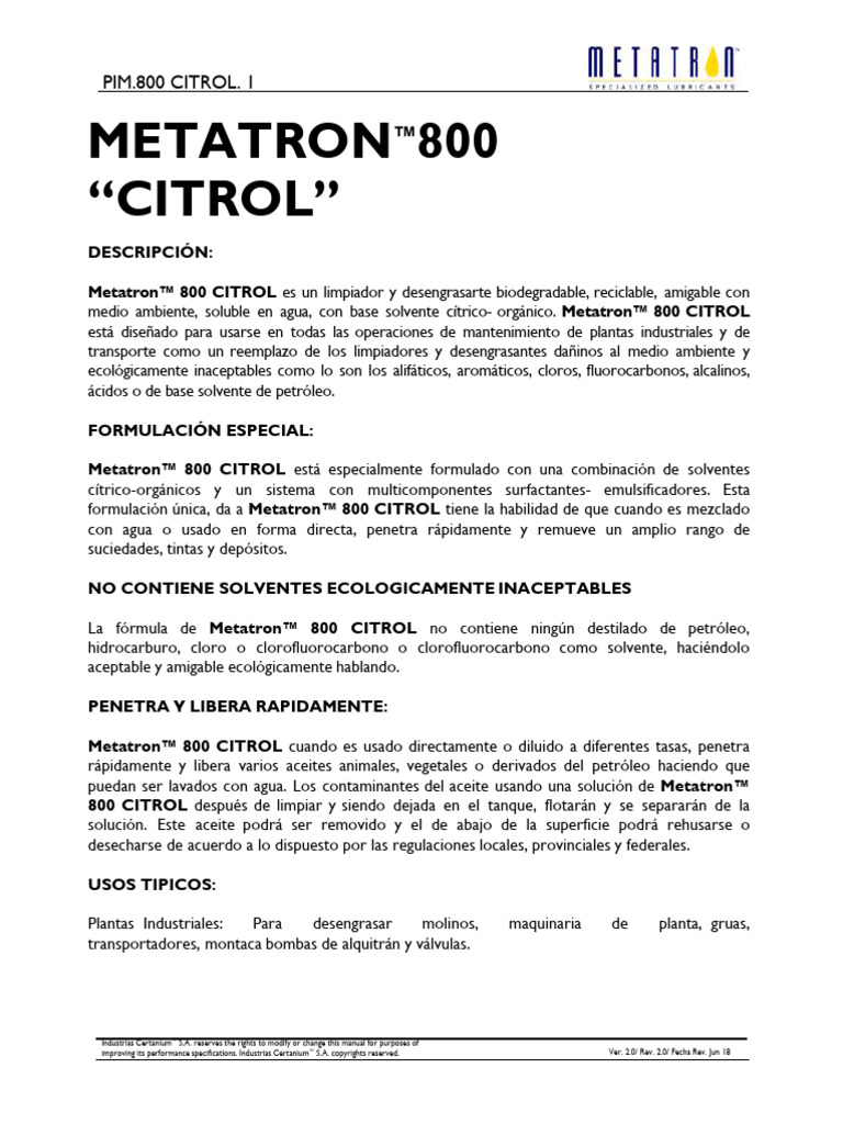 METATRON 800 Citrol Spanish | PDF | Agua | Petróleo