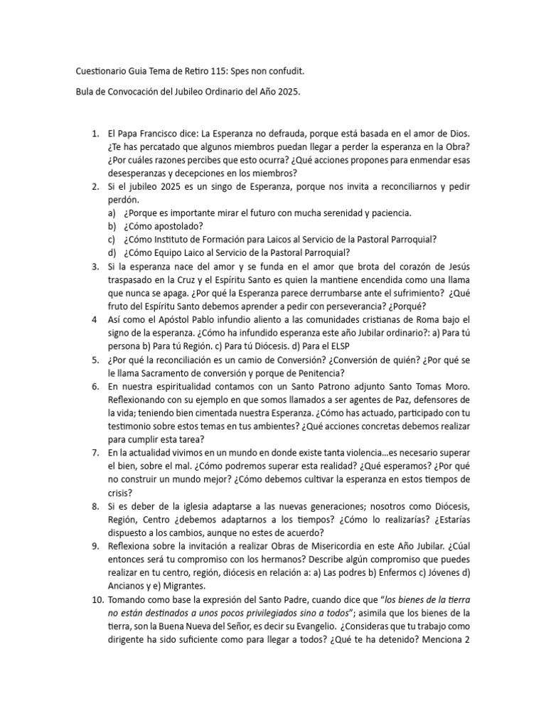 Cuestionario Tema de Retiro 115 | PDF | Amor | Felicidad