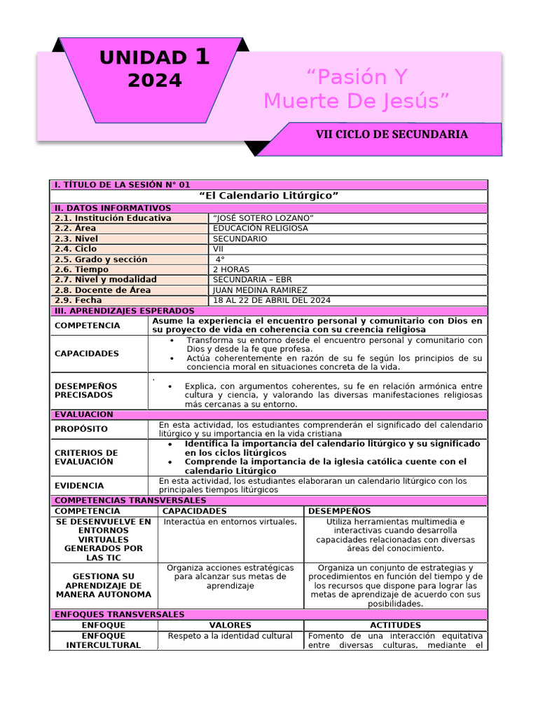 4° Semana 1 Uni 1 - Religion 2024 | PDF | Aprendizaje