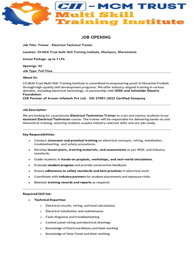 Job Description-Eectrical Trainer-MCM | PDF | Electrician | Skill