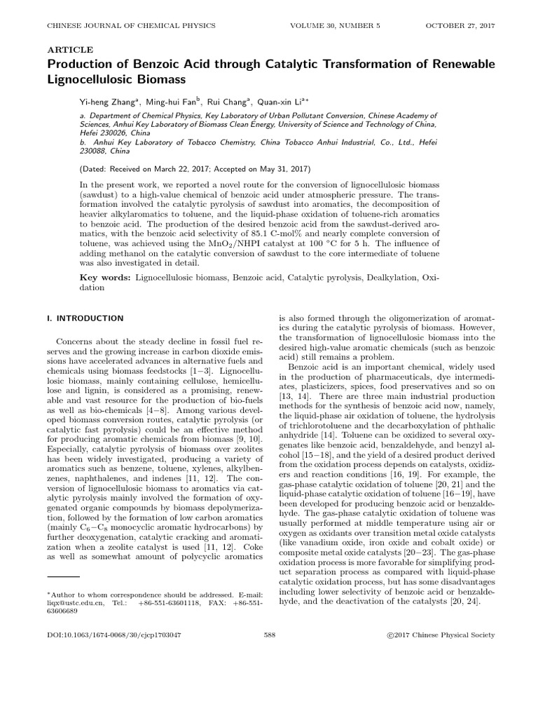 Production of Benzoic Acid Through Catalytic Transformation of Renewable Lignocellulosic Biomass ...