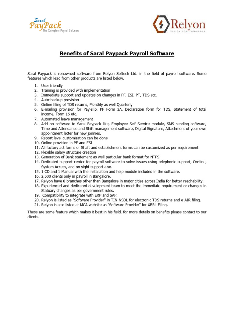 Benefits of Saral Paypack Payroll Software | PDF