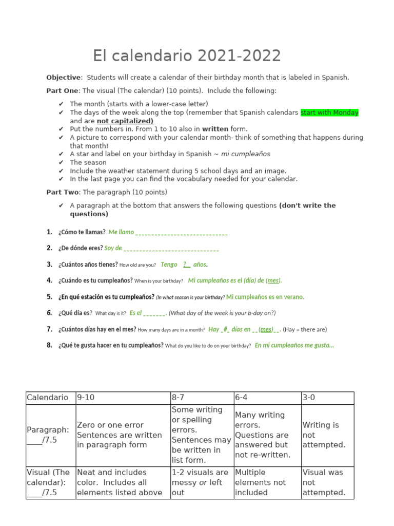 U.preliminar Proyecto Calendario | PDF