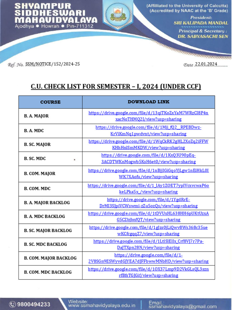 CU Semester I Checklist 2024 | PDF