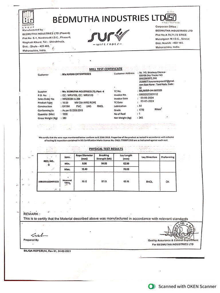 Wire Rope Test Certificate | PDF