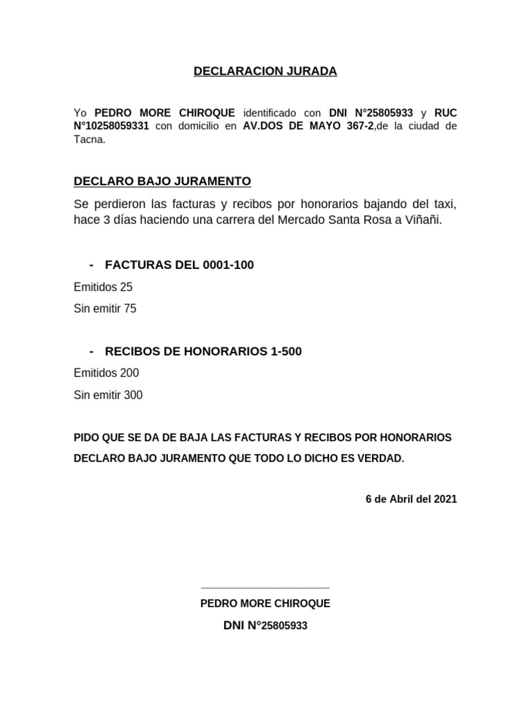 Declaracion Jurada - Perdida de Ruc | PDF