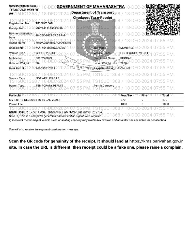 Checkpost Tax e-Receipt for TS16UC1368 | PDF | Payments