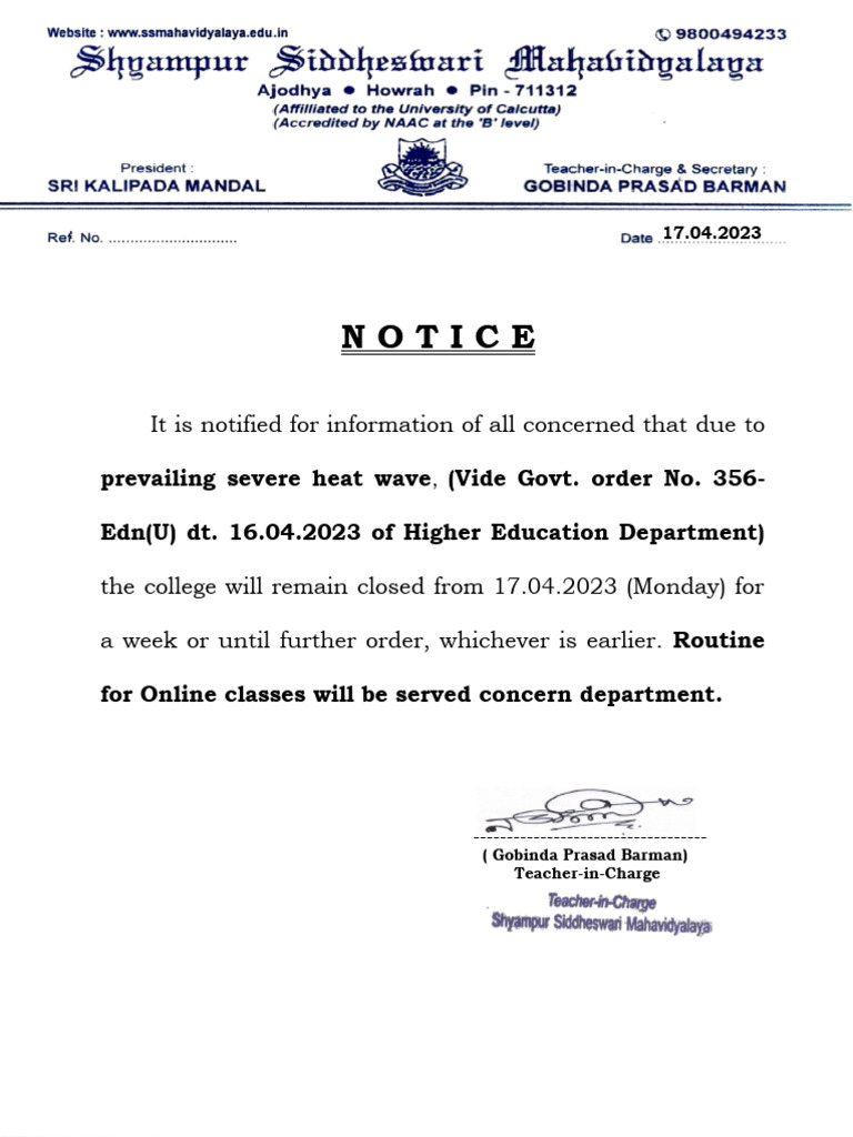 College Closure Notice Due to Heat Wave | PDF