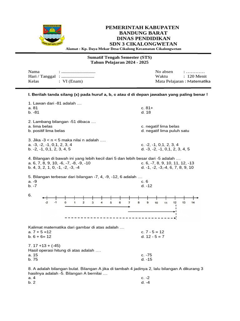SOAL-STS-Matematika-K13-Kelas 6-Semester-1-T.A 2024-2025 - FIX | PDF