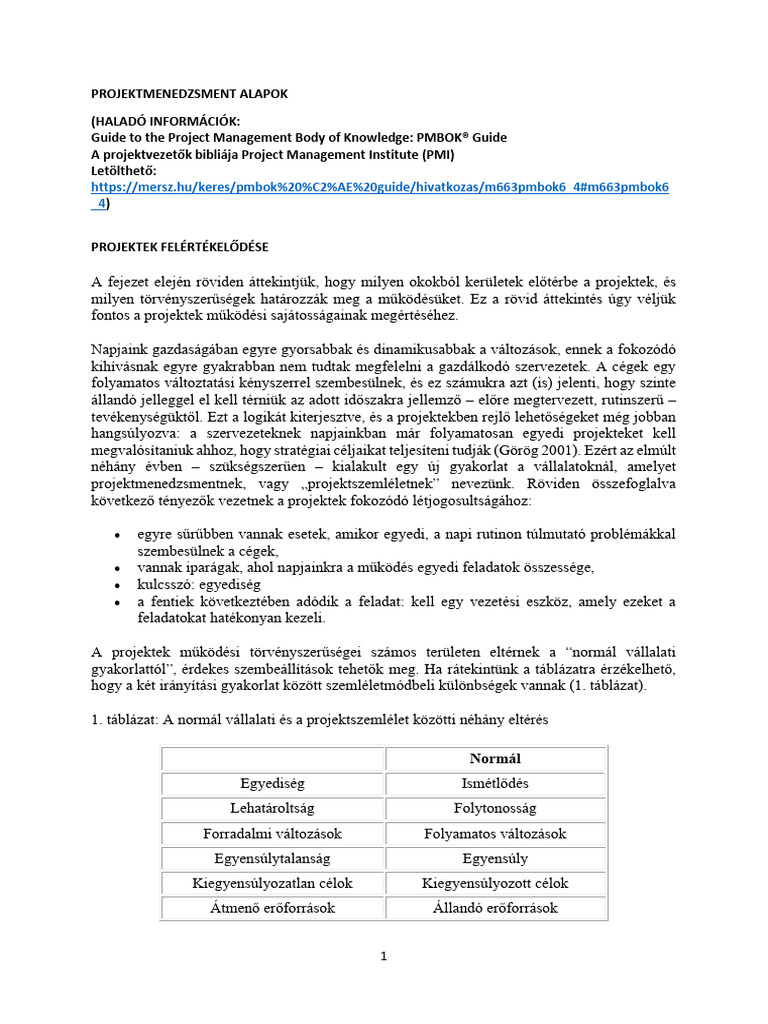 PROJEKTMENEDZSMENT ALAPOK - Segédanyag | PDF