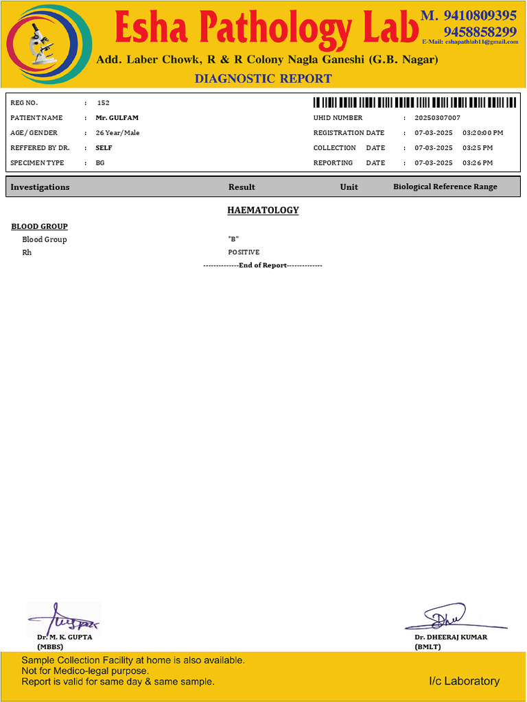 Blood Group Report for Patient Gulfan | PDF