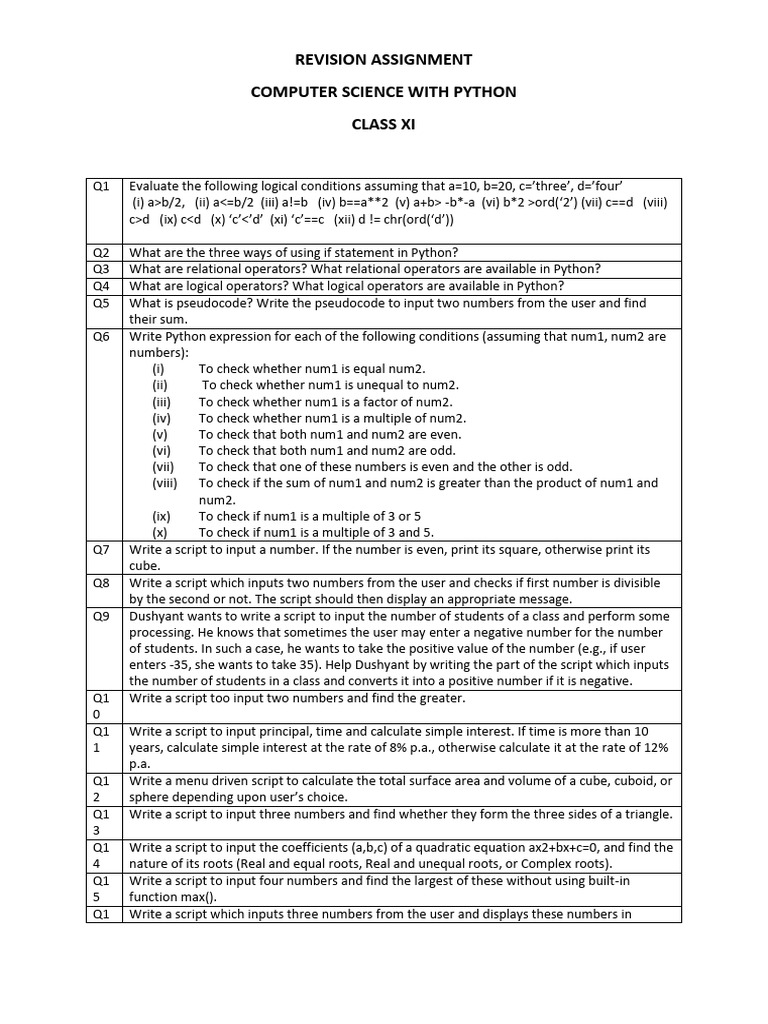 Revision Assignment - CS - Xi | PDF