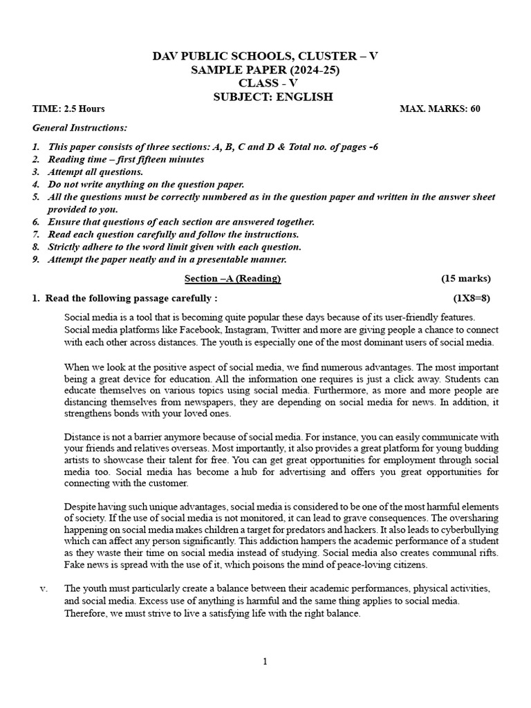 Sample Paper Eng Final Term Class V | PDF | Social Media | Popular ...