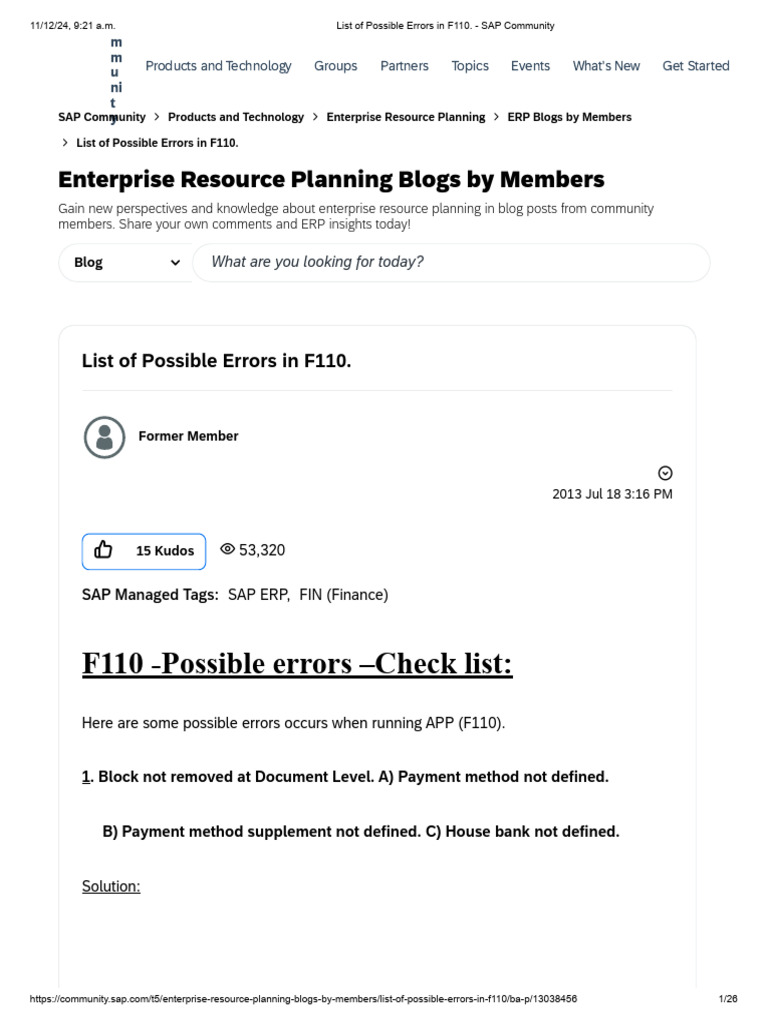 F110 Error Checklist for SAP Users | PDF | Enterprise Resource Planning ...