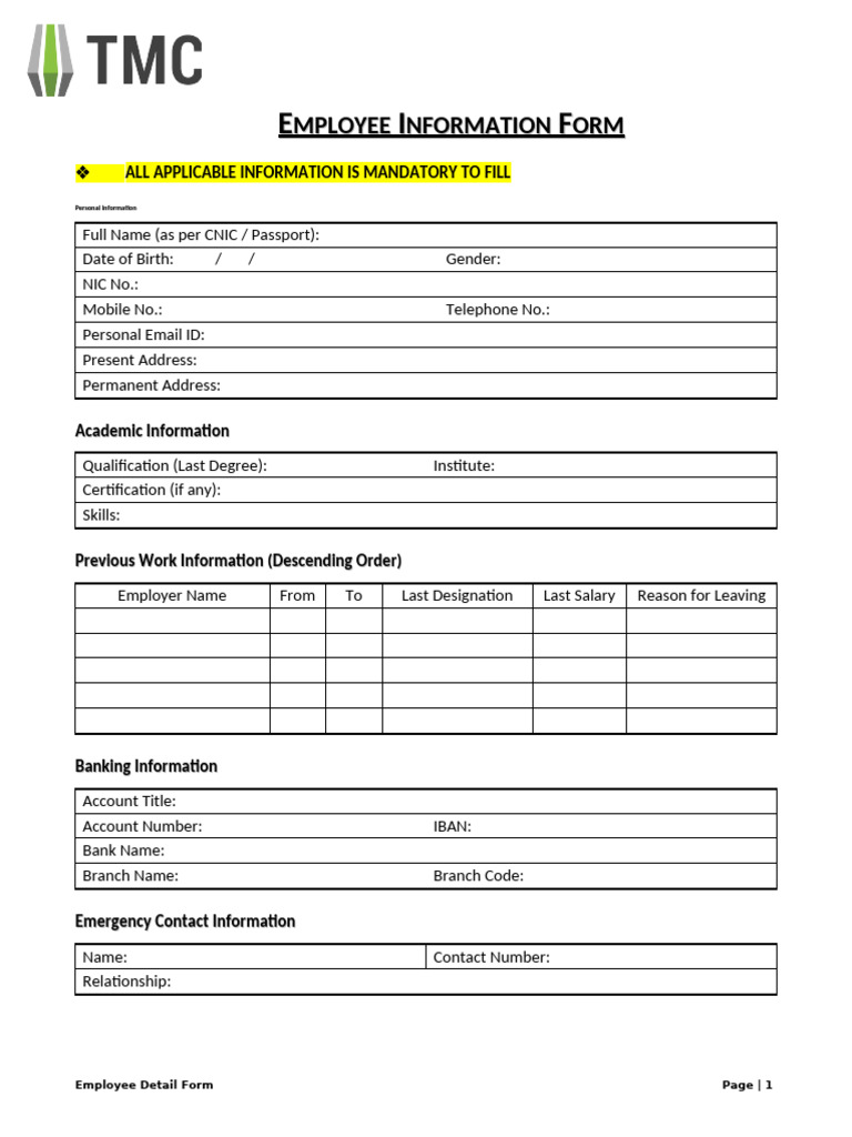 New Employee Details Form | PDF