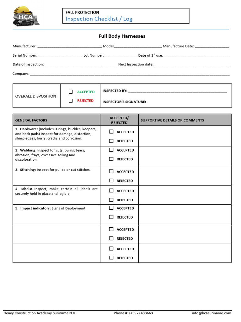 HCA Fall Pro Inspection Checklist Logs | PDF | Rope | Manufactured Goods