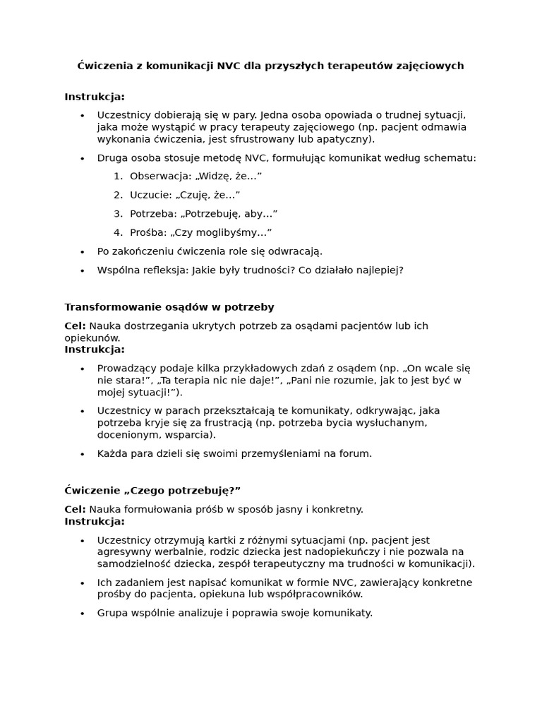 Ćwiczenia Z Komunikacji NVC Dla Przyszłych Terapeutów Zajęciowych | PDF
