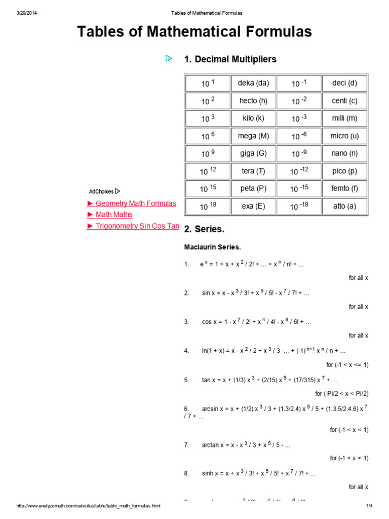 Mathematical Formula Tables | PDF | Special Functions | Complex Analysis