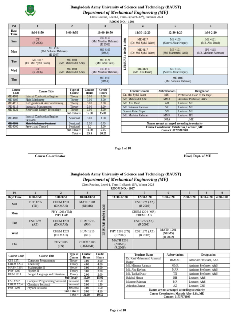 BAUST Mechanical Engineering Class Routine | PDF | Applied And ...