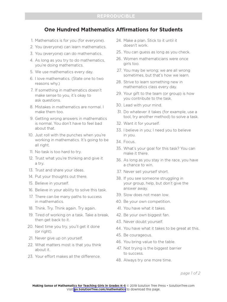 Mathematics Affirmations For Students | PDF | Mathematics