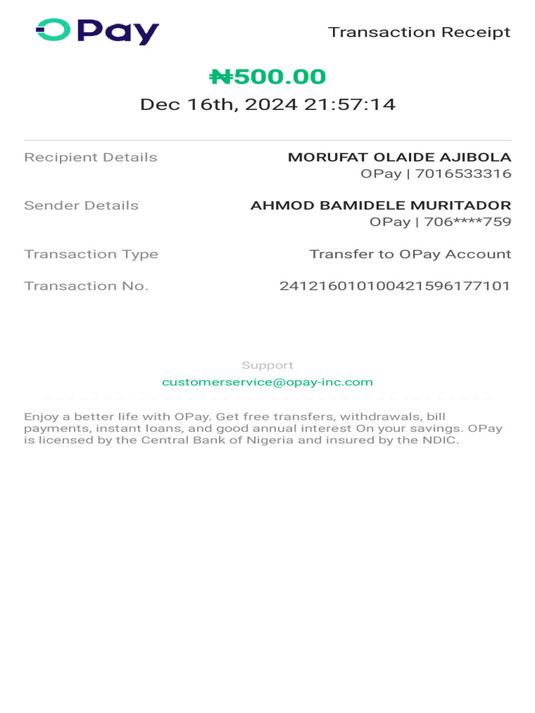 OPay Transaction Receipt - ₦500 Transfer | PDF