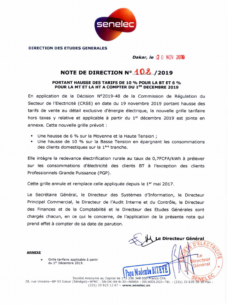 ND 102 2019 Portant Hausse Des Tarifs Pour La BT La MT Et La HT | PDF