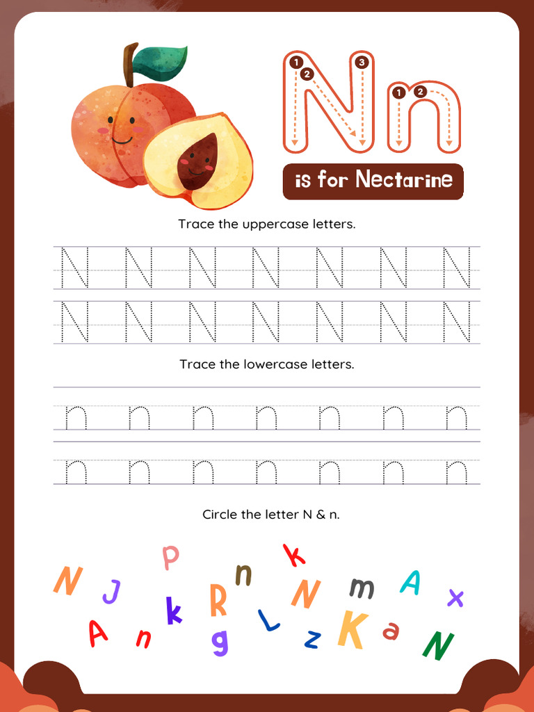 Tracing Letter N For Nectarine Worksheet in Brown Fun Illustrative ...