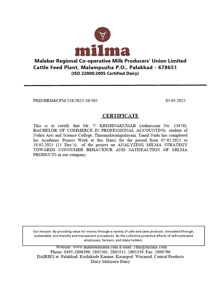 Milma Certificate Document1 | PDF
