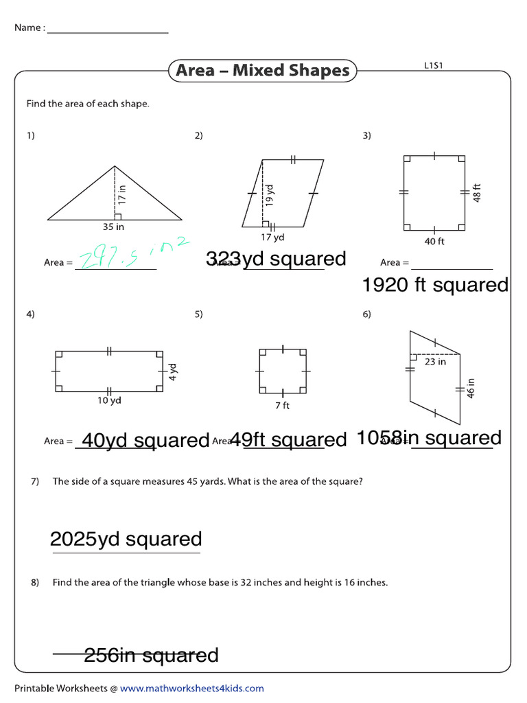 Homework+%28Area+-+Mixed+Shapes+Worksheet%29+2%3A12 | PDF