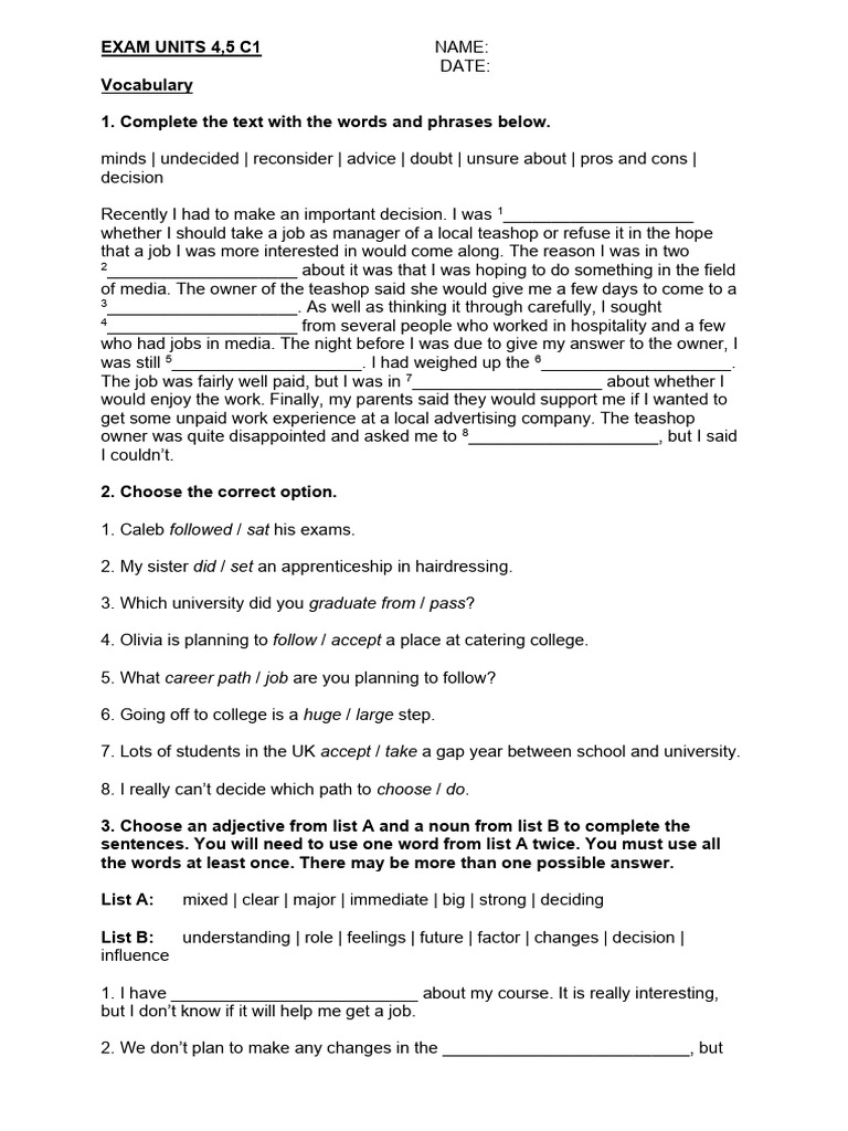 C1 EXAM UNITS 45 Without Answers A | PDF | Linguistics | Grammar