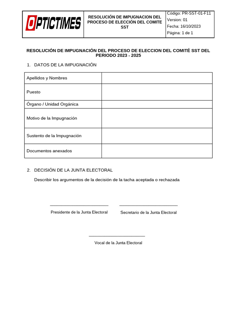 PR-SST-01-F11 Resolución de Impugnación - No Aplica | PDF