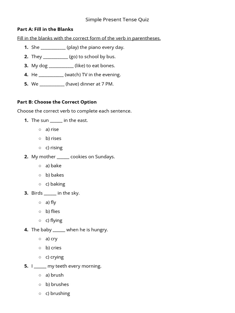 Simple Present Tense Quiz Guide | PDF