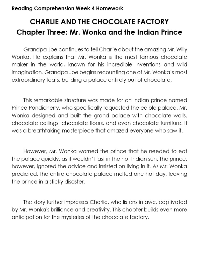 Reading Comprehension Week 4 Homework - Charlie and The Chocolate ...