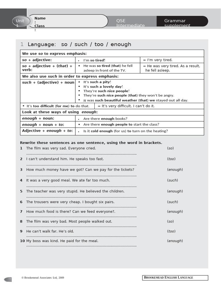 Grammar b2 So Such Enough Too | PDF | Adjective | Verb