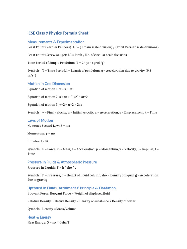 ICSE Class 9 Physics Formula Sheet | PDF