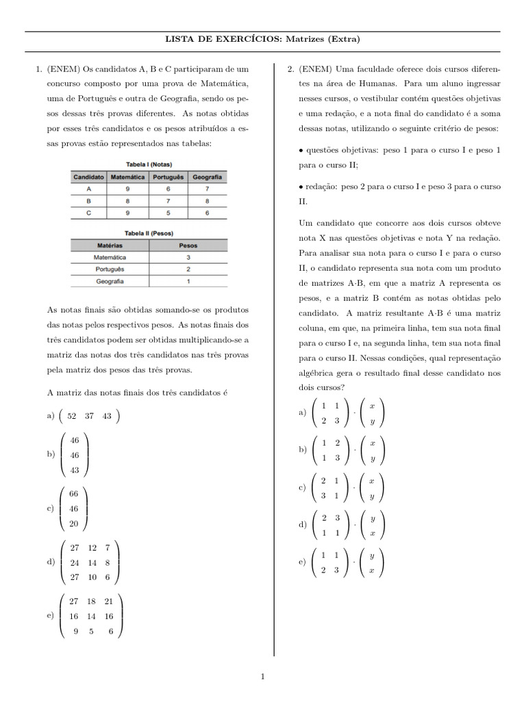 LISTA DE EXERC-CIOS - Matrizes - ENEM | PDF | Matriz (Matemática)