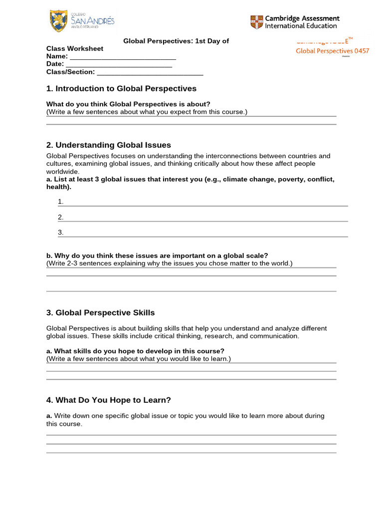 Global Perspectives - 1st Day of Class Worksheet | PDF | Liberal Arts ...
