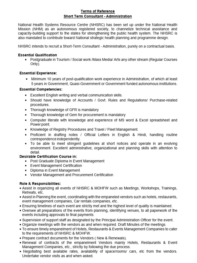 Terms of Reference-Short Term Consultant - Administration, NHSRC | PDF ...