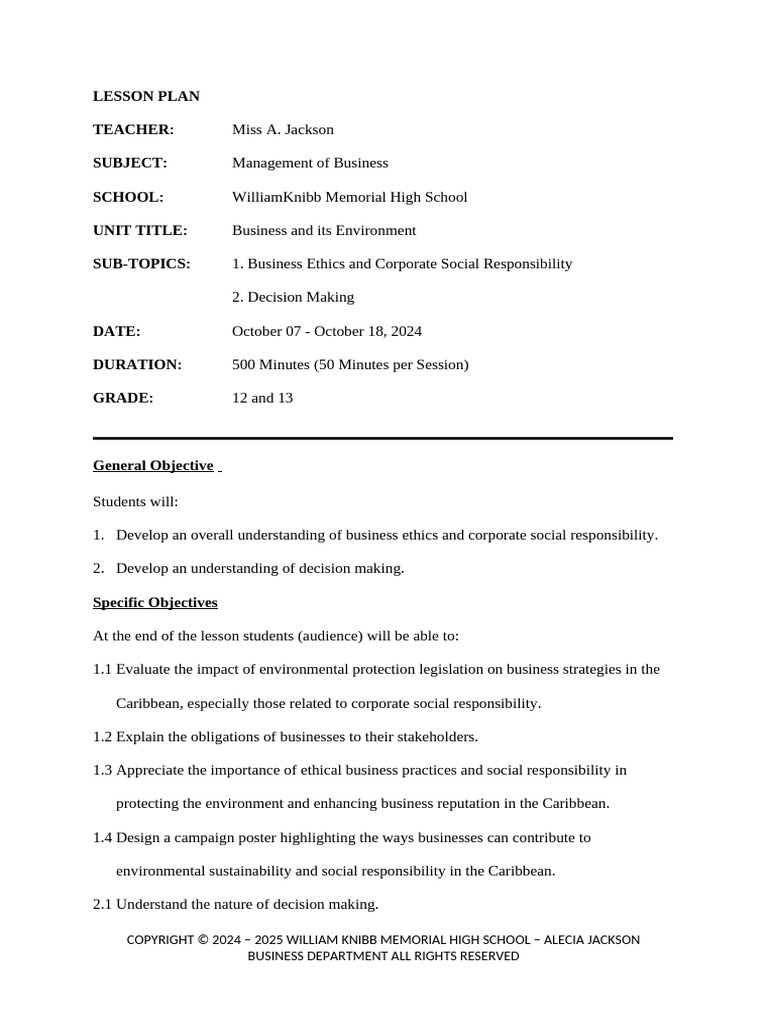 MOB Lesson Plan 3 - Business Ehics and Corporate Social Responsibility ...