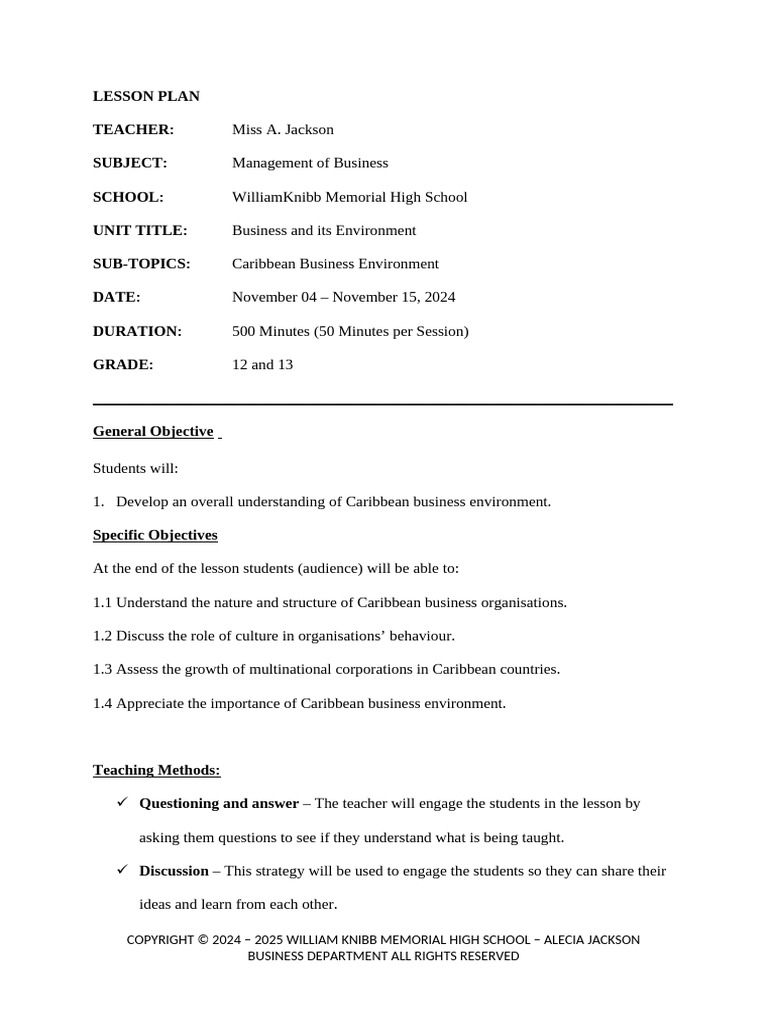 MOB Lesson Plan 5 - Caribbean Business Environment | PDF ...