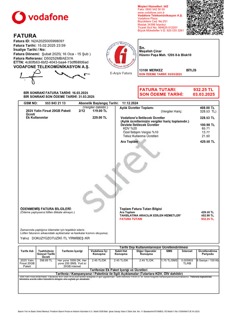 Vodafone E-Fatura 2025 Subat | PDF