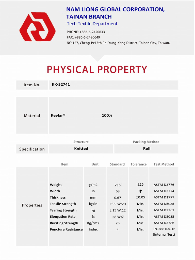 Fabric Specification Detail - Item No. KK-52741 | PDF