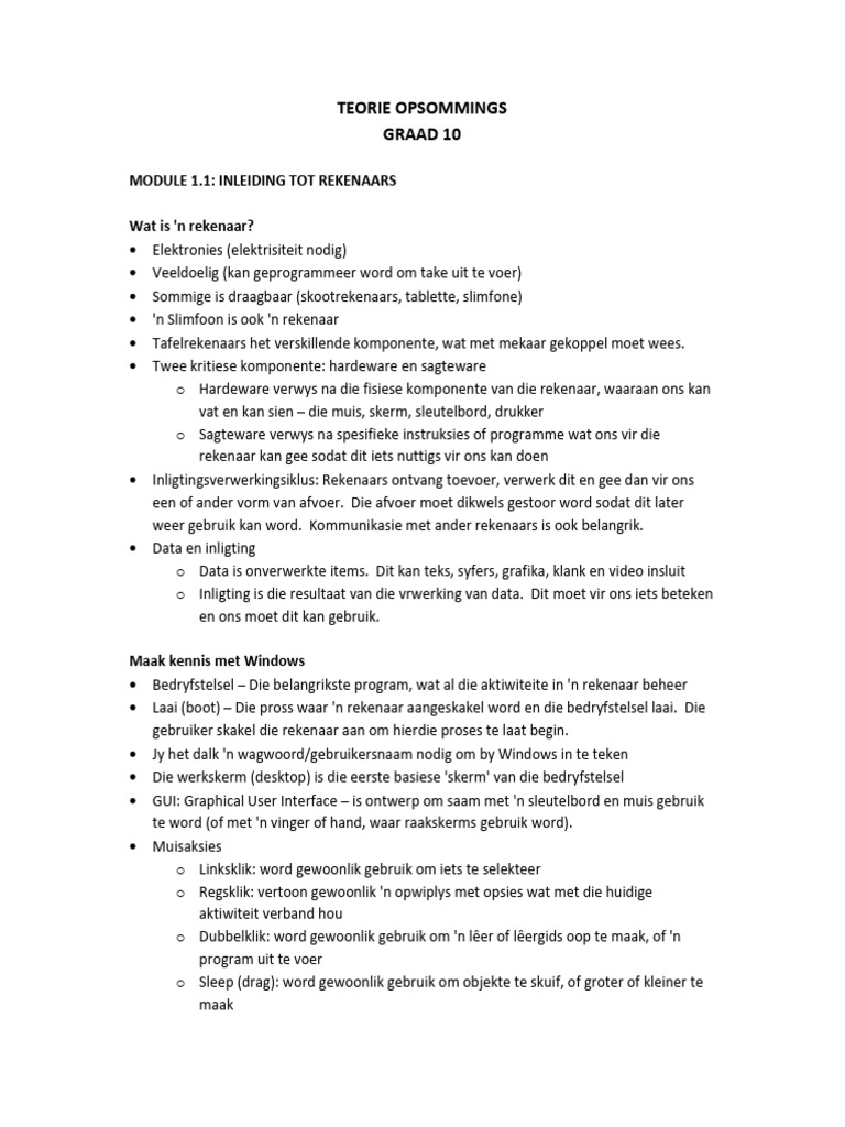 Graad 10 Opsomming | PDF