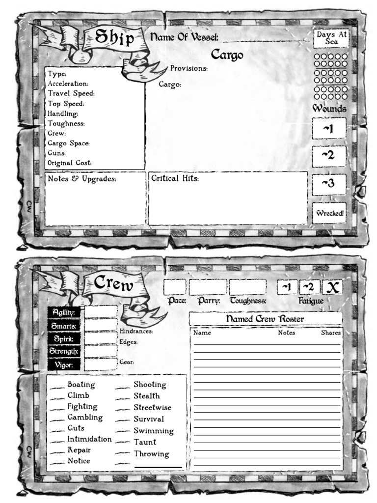 Savage Worlds - 50 Fathoms - Ship Sheet | PDF