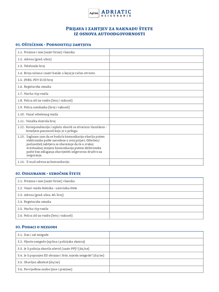 Prijava Stete Zahtjev Naknada Stete Osnove AO | PDF