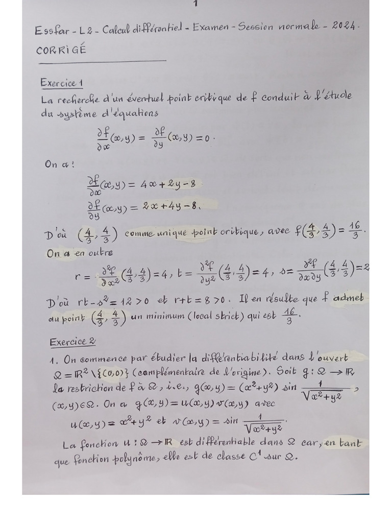 Correction Calcul Différentiel L2 SN 2023 - 2024 | PDF