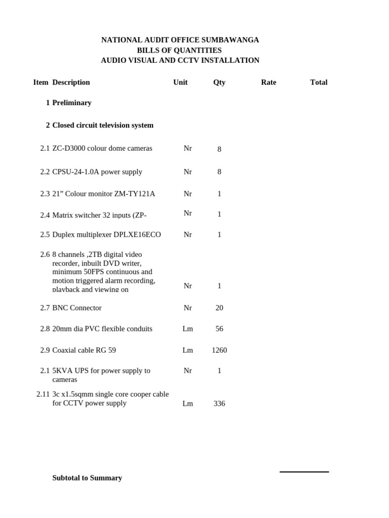 CCTV and AV Installation Bill of Quantities | PDF | Microphone | Power ...